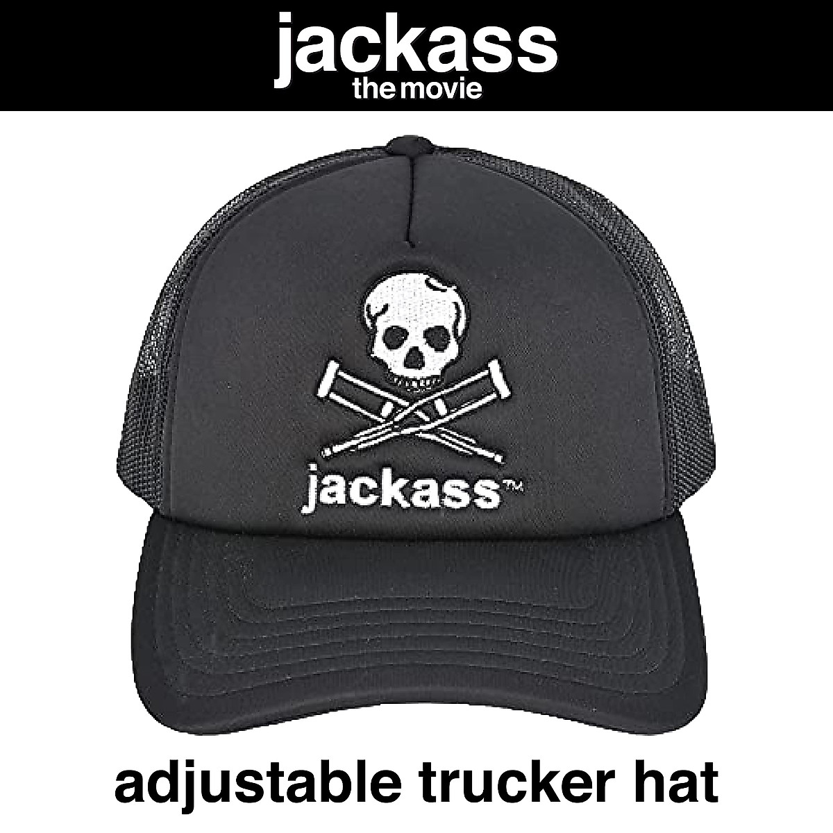 MTV Jackass Embroidered Skull and Crutches Logo Adjustable Cotton and Mesh Trucker Hat with Curved Brim, Black, One Size