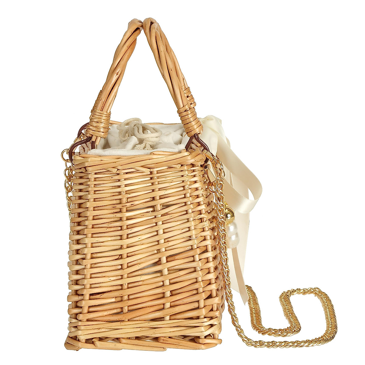 So'each Women's Handmade Rattan Wicker Artificial Pearl Shoulder Bag Beige