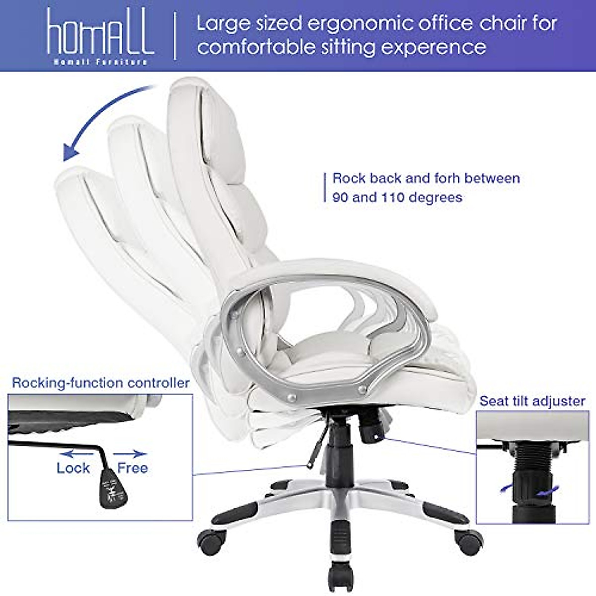 Homall Office Chair High Back Computer Chair Desk Chair, PU Leather Adjustable Height Modern Executive Swivel Task Chair with Padded Armrests and Lumbar Support (White)