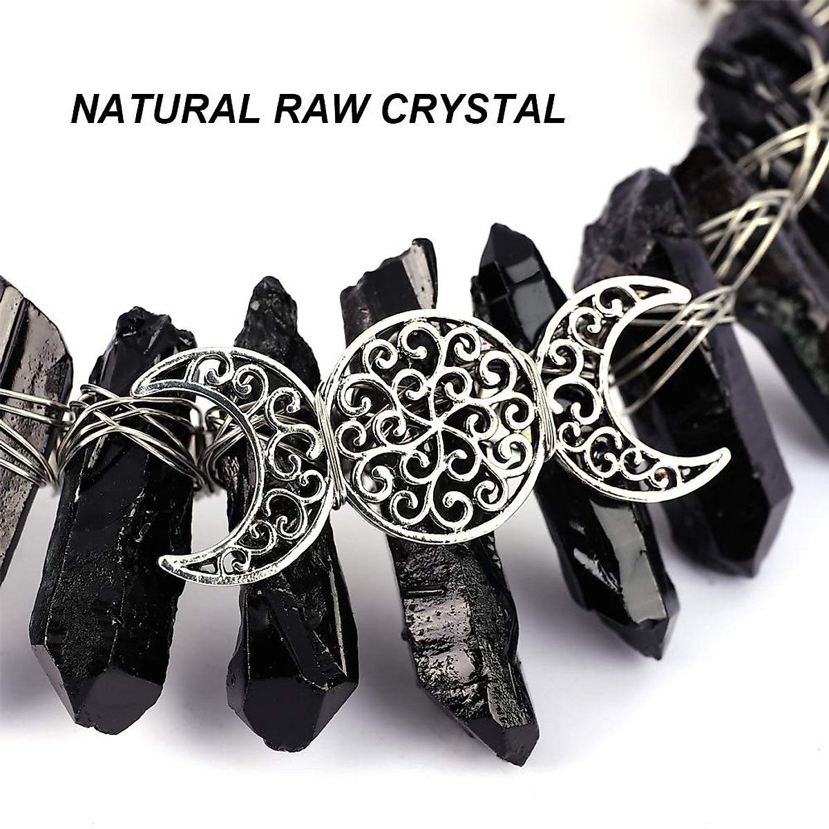 Bubbmi Black Raw Crystal Tiara Crown Headband, Natural Quartz Moon Goddess Witch Headpiece for Wiccan Cosplay Party Headwear