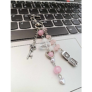 Cute aesthetic Y2k Keychains For Kid Teens Girl Women Beads crystal Heart Kawaii Key Chains (Pink)