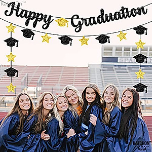 Glitter, Happy Graduation Banner - 10 Feet Cap Garland, No DIY | Graduation Banner Black, Gold for Graduation Party Decorations 2023 | Black and Gold Graduation Decorations, Class of 2023 Decorations