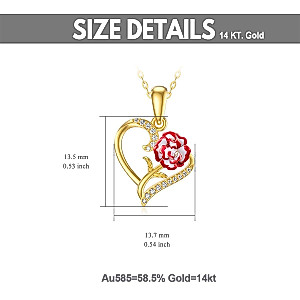 14K Solid Gold Heart Pendant Carnation Necklace for Women,Yellow Gold Carnation Flower Necklaces Anniversary Birthday Gifts for Mom Grandma Wife,16''-18''