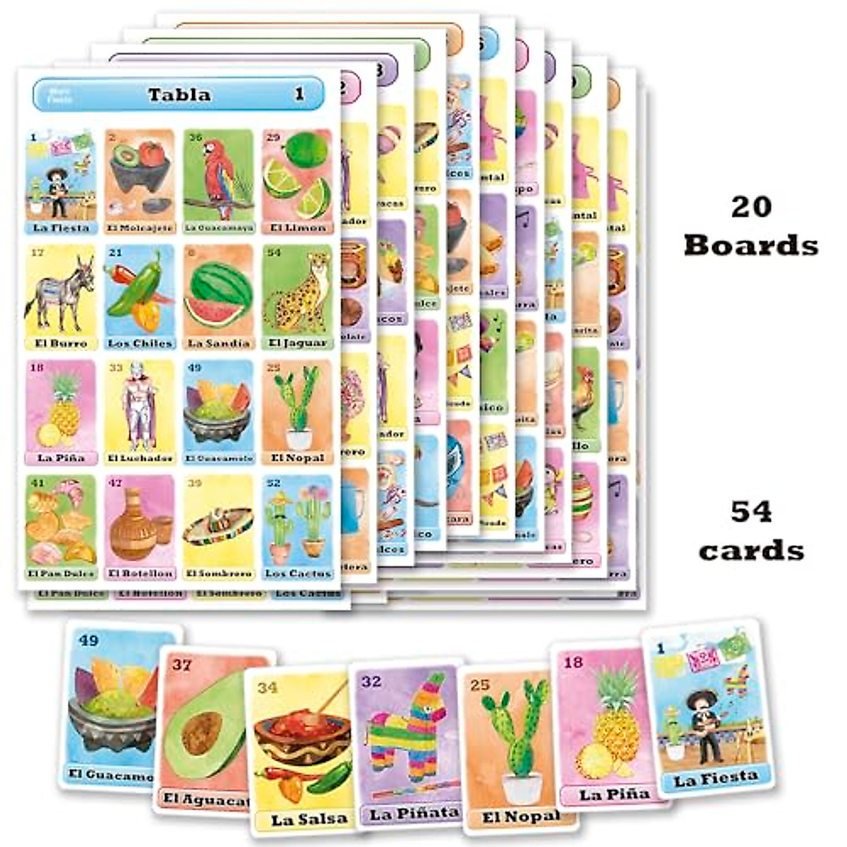 Fiesta Themed Tablas Game in Spanish for Up to 20 Players - 20 Playing Boards and Full Deck Calling Cards