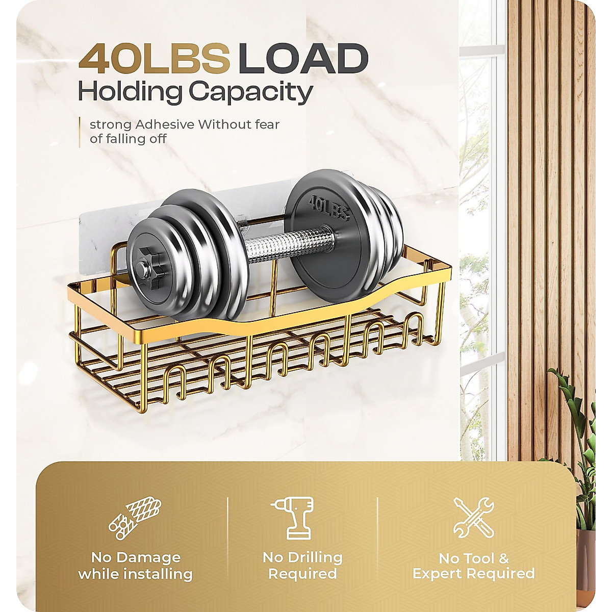 Luxury Style Stainless Steel Shower Caddy Set - Rustproof, Durable, and Adhesive Hanging Bathroom Organizer Kit with 5 Pieces | Shower Caddy Organizer | Bathroom Decor (Luxury Gold)