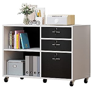 YITAHOME 3-Drawer Wood File Cabinet with Locks, Mobile Lateral Filing Cabinet for Letter, A4 Size, Storage Cabinet Printer Stand with 2 Open Shelves for Home Office, Black and White