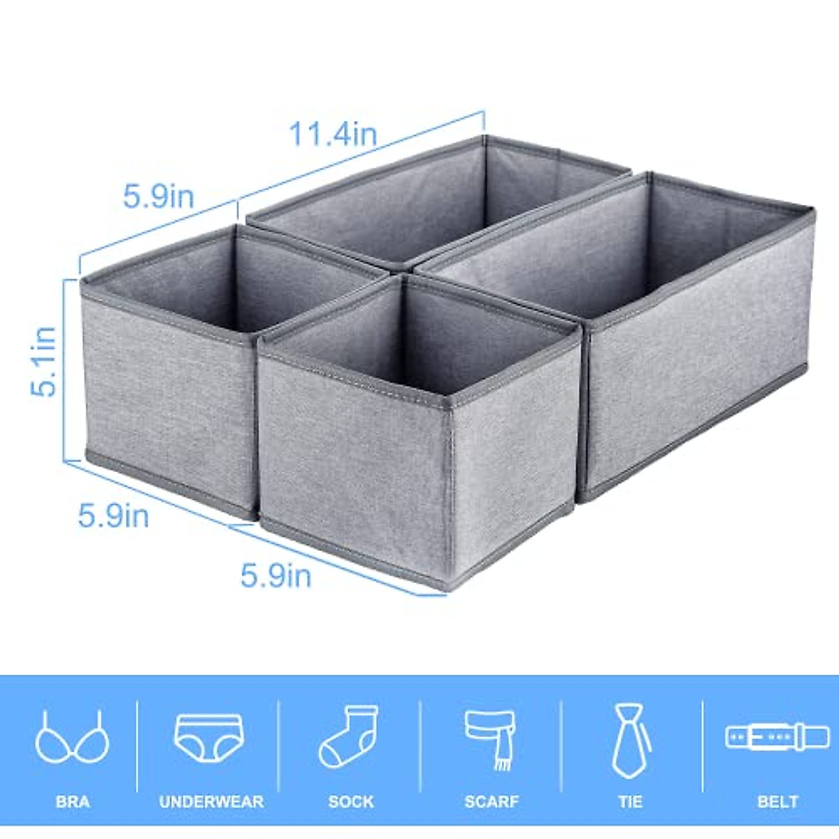 ULG Underwear Socks Drawer Organizer Divider, Washable Dresser Drawer Organizer Foldable Oxford Fabric Closet Organizers and Storage Boxes for Socks, Underwear, Ties, Belts, Light Grey