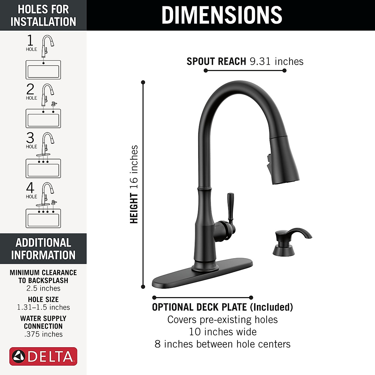 Delta Faucet Capertee Black Kitchen Faucet with Soap Dispenser, Kitchen Faucets with Pull Down Sprayer, Kitchen Sink Faucet with Magnetic Docking Spray Head, Matte Black 19877Z-BLSD-DST