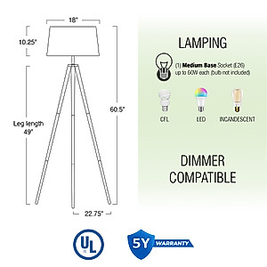 Kira Home Grace 60.5" Mid Century Modern Tripod LED Floor Lamp + Energy Efficient 9W Bulb, Wooden Tripod Legs + White Shade