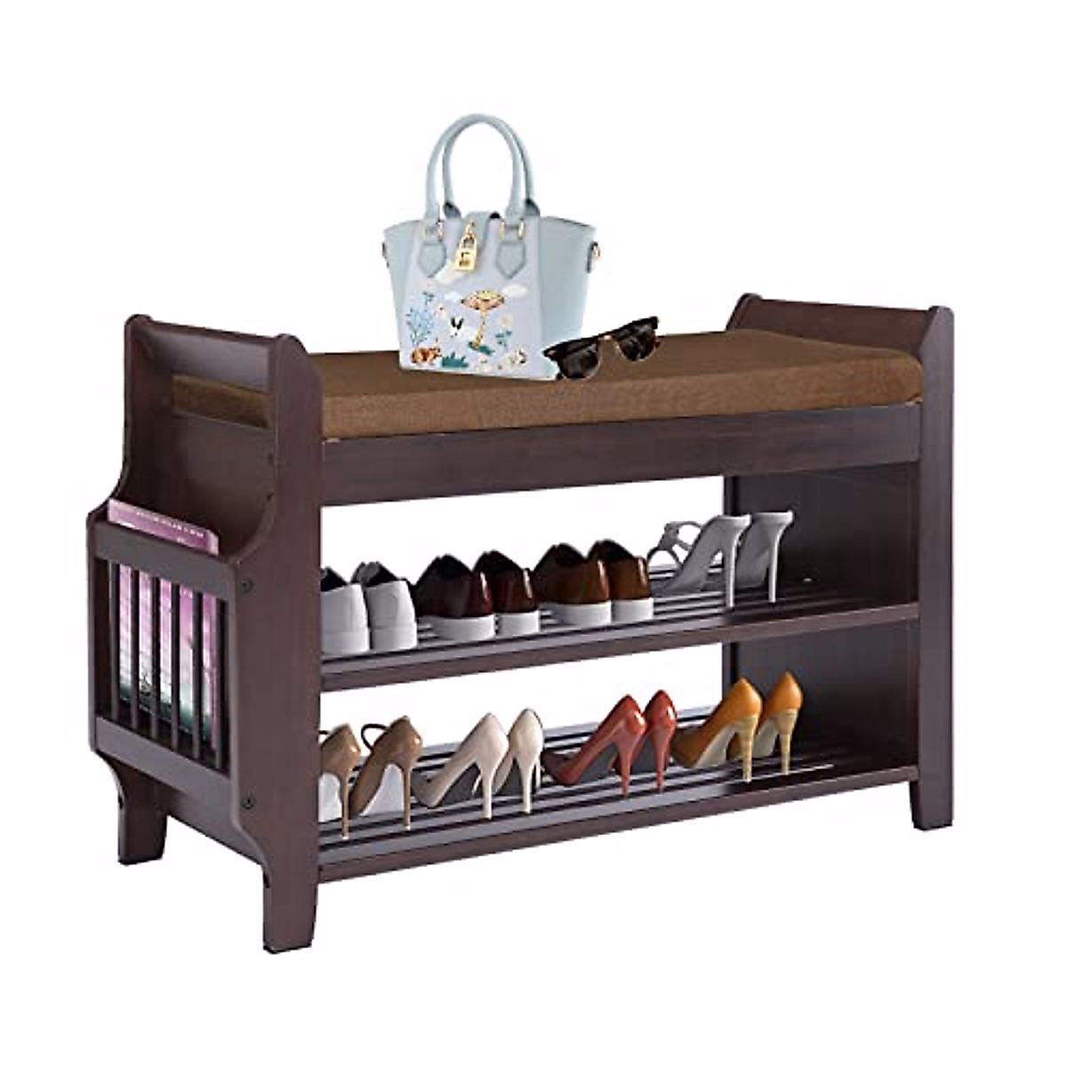 NURTUDIS Shoe Rack Bench,Bamboo Shoe Storage Stool with Removable Cushion, 2-Tier Entryway Shoe Storage Organizer Shelf with Side Drawer and Book/Umbrella Basket for Living Room, Bedroom(Medium)
