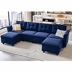 Belandi Modular Sectional Sofa Couch, U-Shaped Sleeper Couch with Reversible Chaise, Modular Sectionals with Ottomans, 6-Seat Sofa Set with Storage for Living Room, Blue