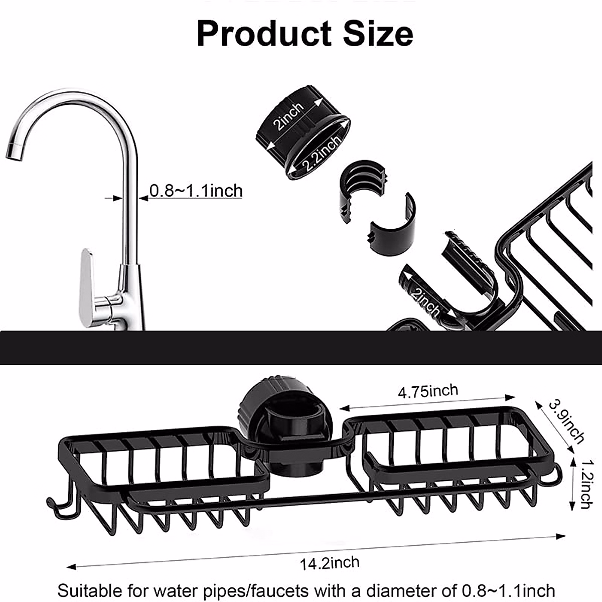 canjuxk Sponge Holder for Kitchen Sink,Kitchen Sink Sponge Holder Aluminum Organizer for Kitchen Bathroom Accessories Compatible with Faucets 0.8-1.1 Inches in Diameter