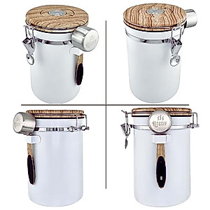 Kitcoff Coffee Grounds and Beans Container Canister with Date Tracker, CO2-Release Valve and Measuring Scoop - Made of Stainless Steel with Airtight Lids - Large, 22oz, White w/Wood Print Lid