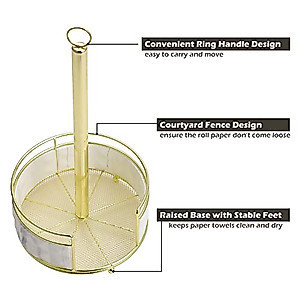 Koluti Paper Towel Holder Countertop, Farmhouse Kitchen Paper Roll Stand, Rustic Gold Metal Paper Towel Rack Organizer Storage for Dining Table, with Courtyard Fence, Marble Print Silicone Finish
