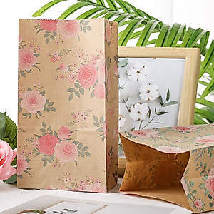 VGOODALL 24PCS Floral Gift Bags, Kraft Paper Treat Bags Party Favor Bags Lunch Bags with Stickers for Weddings Birthday Baby Shower Party Supplies