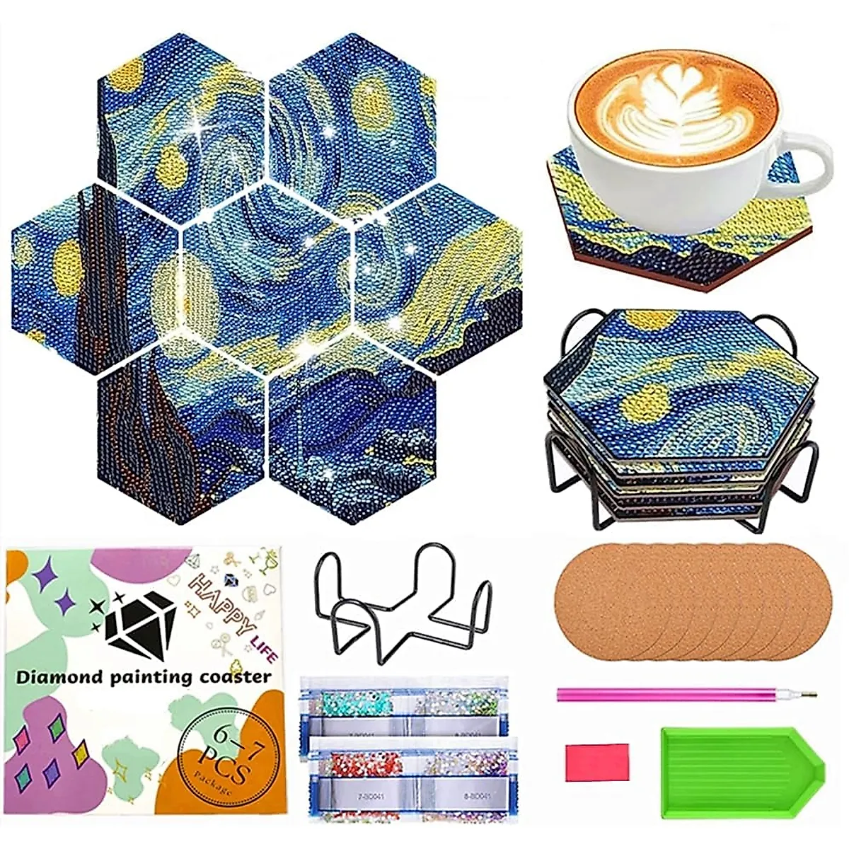 Diamond Painting Kits Coasters Starry Night, 7 PCS Diamond Art Hexagonal Coasters with Holder, Small Diamond Painting Kits for Adults Beginners