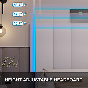 Hasuit Queen Bed Frame with Headboard and LED Light, Vegan Leather Platform Bed Queen Size with Charging Station, Upholstered Headboard Height Adjustable, Noise Free, Easy Assembly, White