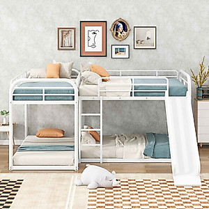 ATY L-Shaped Full and Twin Size Bunk Bed, Metal Bedframe w/Ladder & Slide, for 4 People, Bedroom, Dorm, Guestroom Supplies, Save Space Design,White