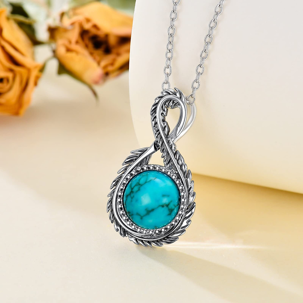 BETHZA Natural Turquoise Necklace for Women 925 Sterling Silver Oxidized Genuine Gemstone Infinity Feather Pendant Western Jewelry Gifts for Birthday Christmas