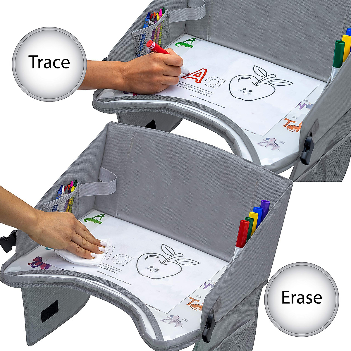 Kids Travel Tray for Car Seat with Dry Erase, Cup/iPad/Holder, 16x12 (Gray)