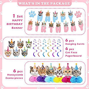 GOYOSWA Cat Birthday Party Supplies Cat Birthday Party Decorations, Cat Themed Birthday Party Supplies Includes 1 Birthday Banner, 6 Cat Honeycomb Centerpieces, 6 Hanging Swirls with 6 Cat Cutouts