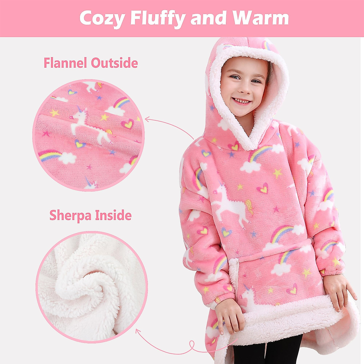 Wearable Blanket Hoodie for Kids, Super Warm and Soft Sherpa Flannel Sweatshirt Blanket with Giant Pocket, Hooded Blanket for 2-6 Year Old Girls Gifts, Pink Unicorn
