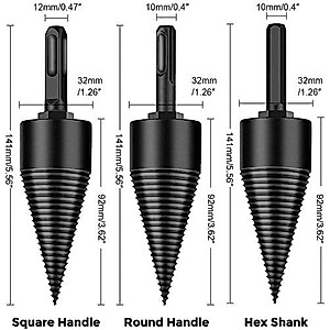 Firewood Log Splitter, 3pcs Drill Bit Removable Cones Kindling Wood Splitting Logs Bits Duty Electric Drills Screw Cone Driver Hex Square Round 32mm