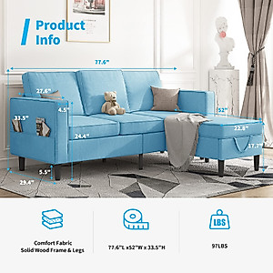 Mjkone Convertible Sectional Sofa Couch, 3-Seat L-Shaped Sofa with Storage Ottoman, Wooden Couch Legs Modern Linen Fabric Reversible Chaise for Living Room, Studio, Apartment - Blue