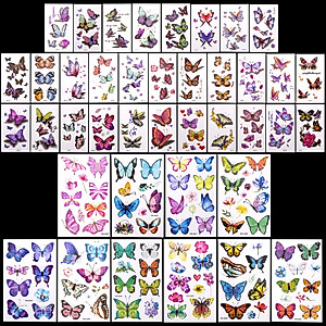 PAGOW 40Sheet(280+pcs) Temporary Butterfly Tattoo for Girl Kid Women Self adhesive Fairy Flower Waterproof Fake Colorful Art Face Arm Body for Birthday Party Valentines Favor Goodie Bag Stuffer Filler