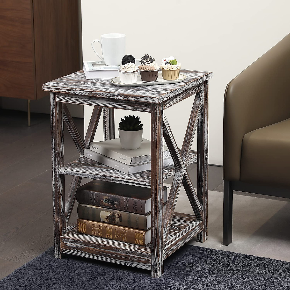 MyGift 24 Inch Tall End Table, Rustic Torched Solid Wood Living Room Accent Side Table with 3 Tier Display Shelf, Wooden X Design Bedroom Nightstand Square Storage Shelves