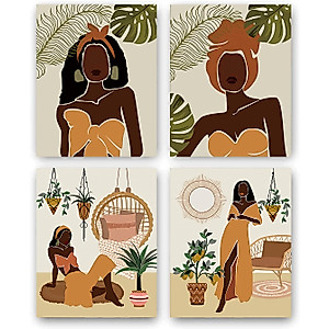 Modern Minimalist Black Woman Leaf Art Painting African American Women Art Painting Black Girl Wall Art Fashion Pop Boho Queen Girl Room Poster Painting Female Bathroom Bedroom Dressing Room Wall Home