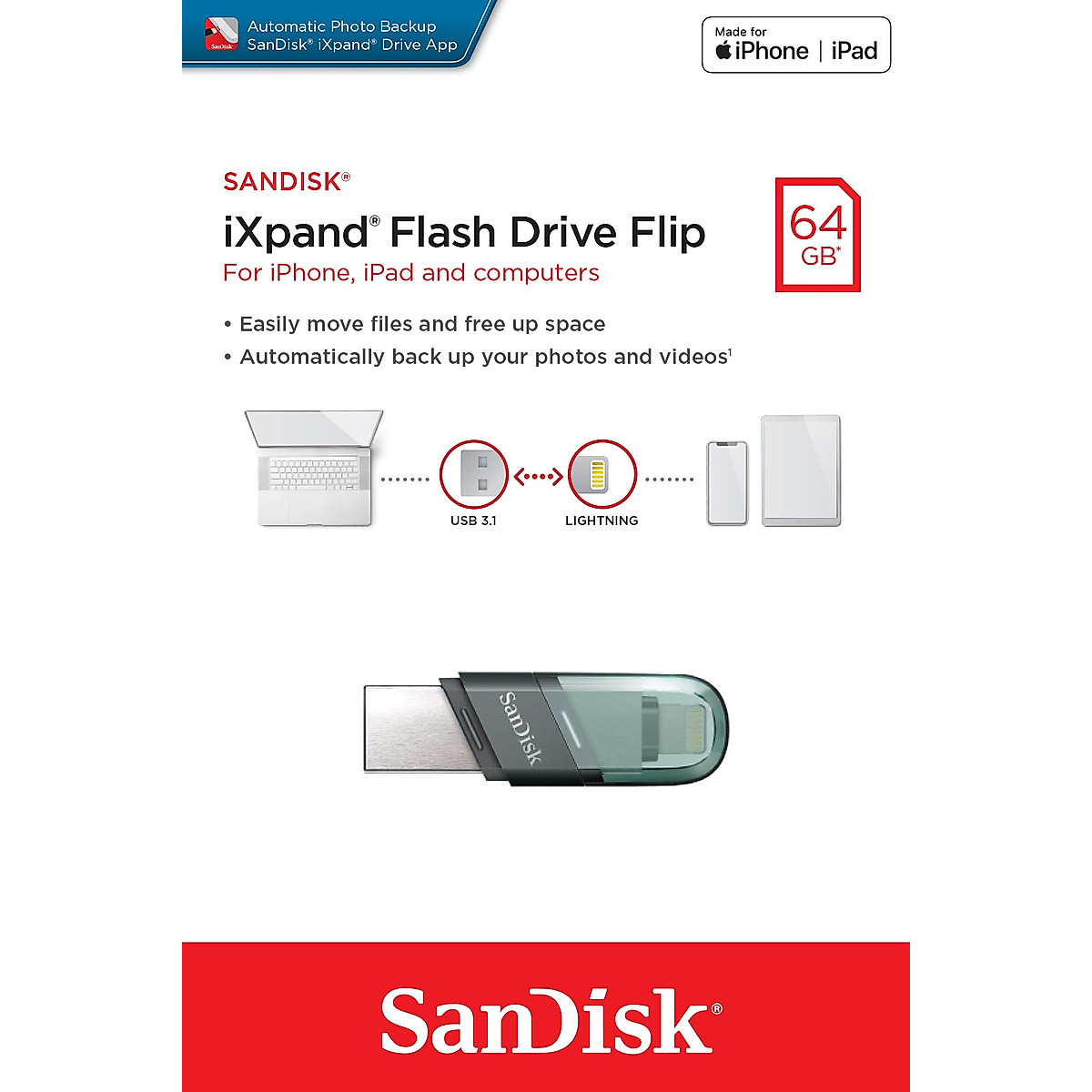 SanDisk 64GB iXpand USB Flash Drive Flip SDIX90N-064G