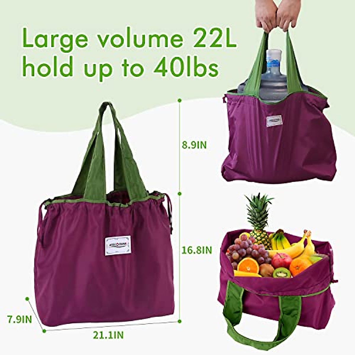 MVSCOCEAN Reusable Grocery Bags, Colorful Shopping Bags,Machine Washable,Foldable,Durable,Lightweight,Set of 3 (Fuchsia,Lake Blue,Purple)