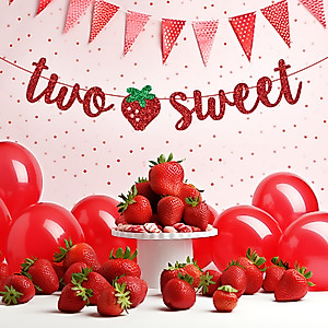 Strawberry Two Sweet Banner, Baby 2nd Birthday Banner, Strawberry Themed 2nd Birthday Baby Shower Party Decorations Red Glitter