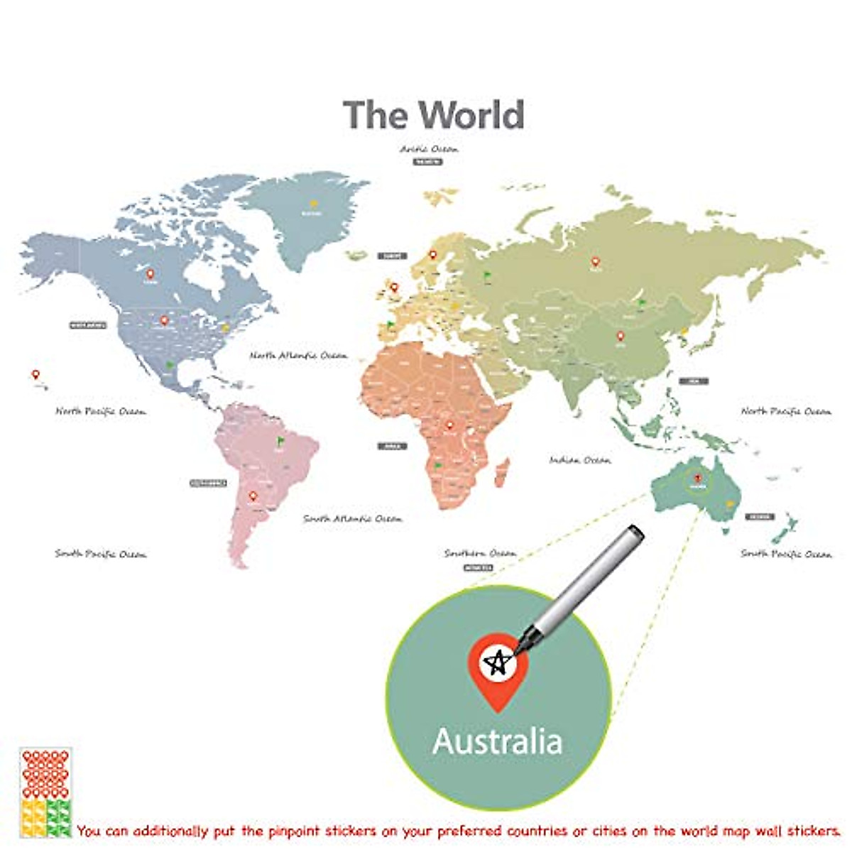 DECOWALL DLT-1809 Modern Pastel Tones World Map Kids Wall Stickers Wall Decals Peel and Stick Removable Wall Stickers for Kids Nursery Bedroom Living Room (XLarge) d?cor