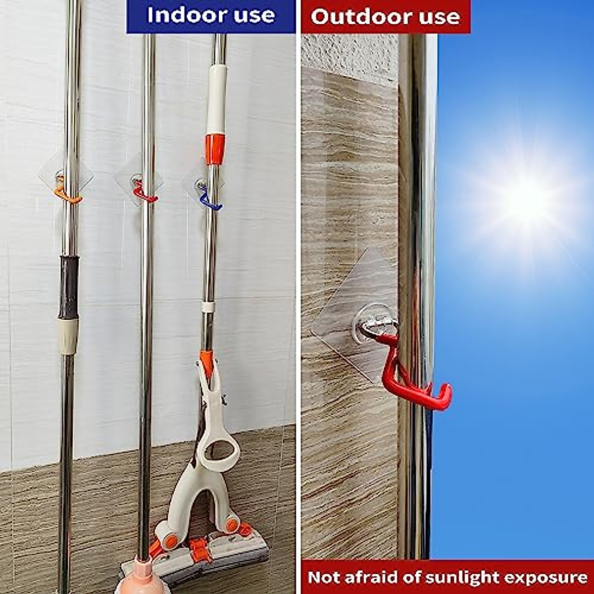 Broom Holder Wall Mount Self Adhesive 4 Pack, Mop Hanger No Drilling Super Anti-Slip, Wall Mount Tool Racks Stainless Steel Mop and Broom Hooks Organizer(Blue)