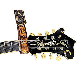 Walker & Williams AT-2 Brown Carving Leather Acoustic Guitar Strap Button Headstock Adaptor For Acoustic, Electric, And Bass Guitars