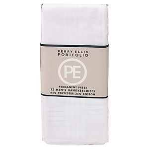 Perry Ellis 12 Pack Handkerchief (Permanent Press White with Satin Cord, 16" x 16")