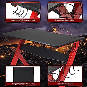 Tangkula Computer Desk Gaming Desk, Ergonomic Gamer Workstation with Cup & Headphone Holder and Mouse Pad, Gamer Desk with Carbon Fiber Surface and R-Shape Steel Frame (Black & Red)