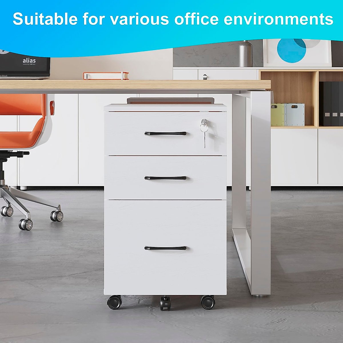 3 Drawer Wood Mobile File Cabinet with 1 Lock, Under Desk File Cabinet with 5 Wheels, Rolling Filing Cabinet for Home Office, Filing Cabinet Organizer, for Letter Sized Documents (Black)