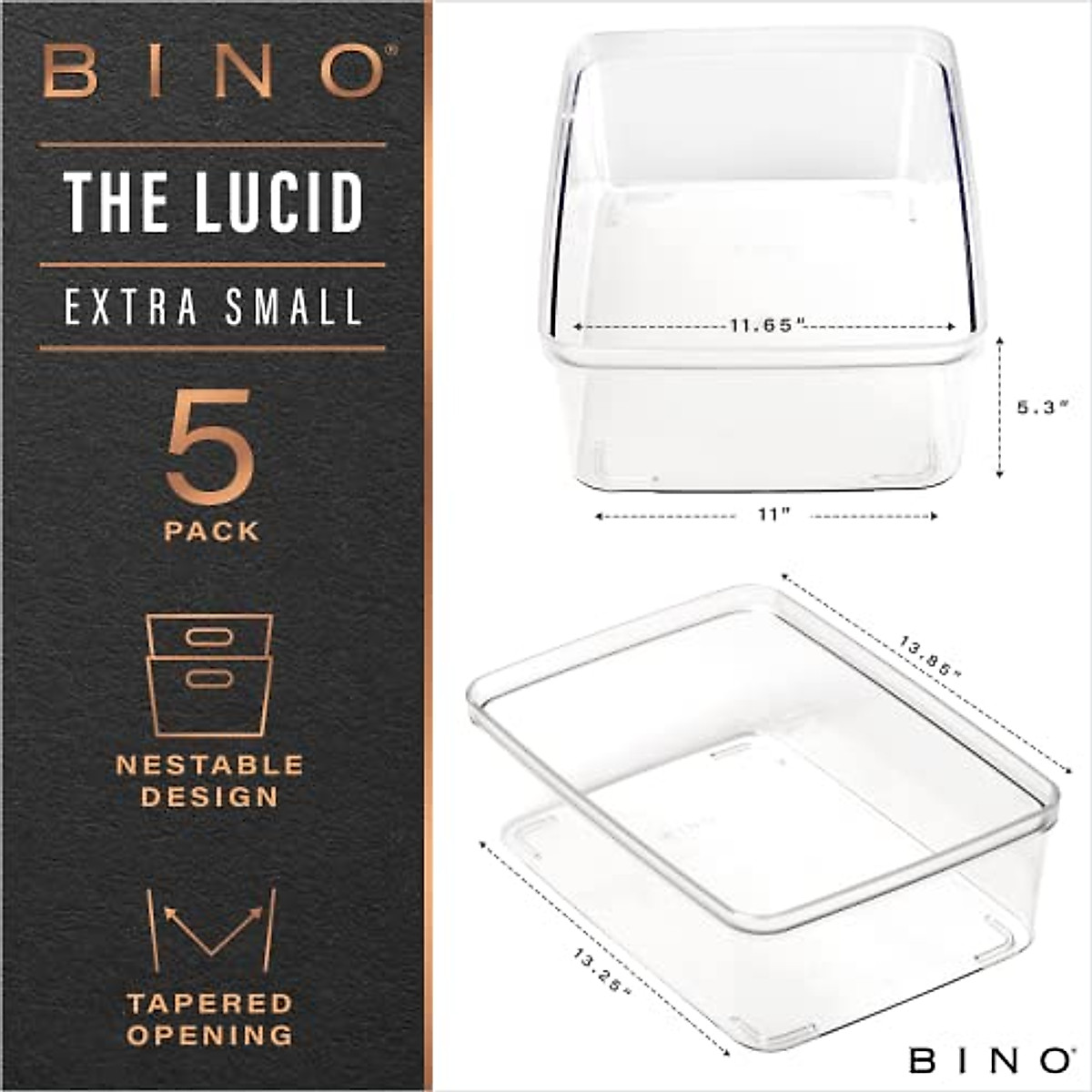 BINO | Plastic Storage Bins, X-Small - 5 Pack | THE LUCID COLLECTION | Multi-Use Built-In Handles BPA-Free Clear Storage Containers | Fridge Organizer | Pantry & Home Organization