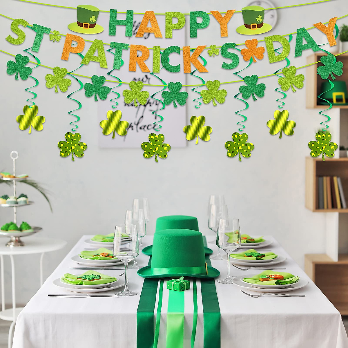 St.Patricks Day Decorations,1 Felt Shamrock Clover Garland+ 1 Happy St.Patricks Day Banner+8Pcs Hanging Swirls,St. Patrick 's Day Banner Decor perfect for Irish party supplies- Green and Light Green Color