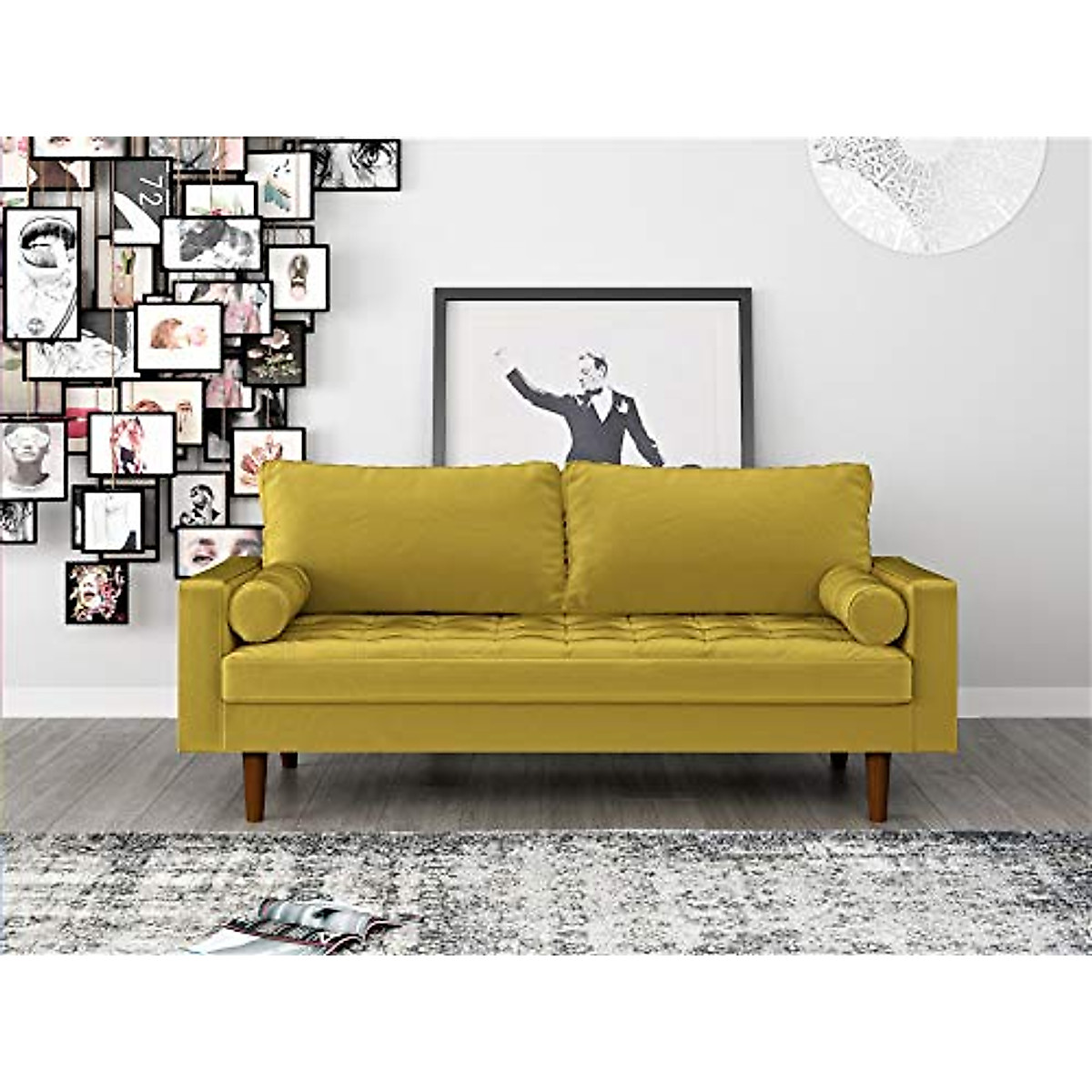 Container Furniture Direct Womble Modern Velvet Upholstered Living Room Diamond Tufted Chesterfield Sofa with Gleaming Nailheads, Textured Gold