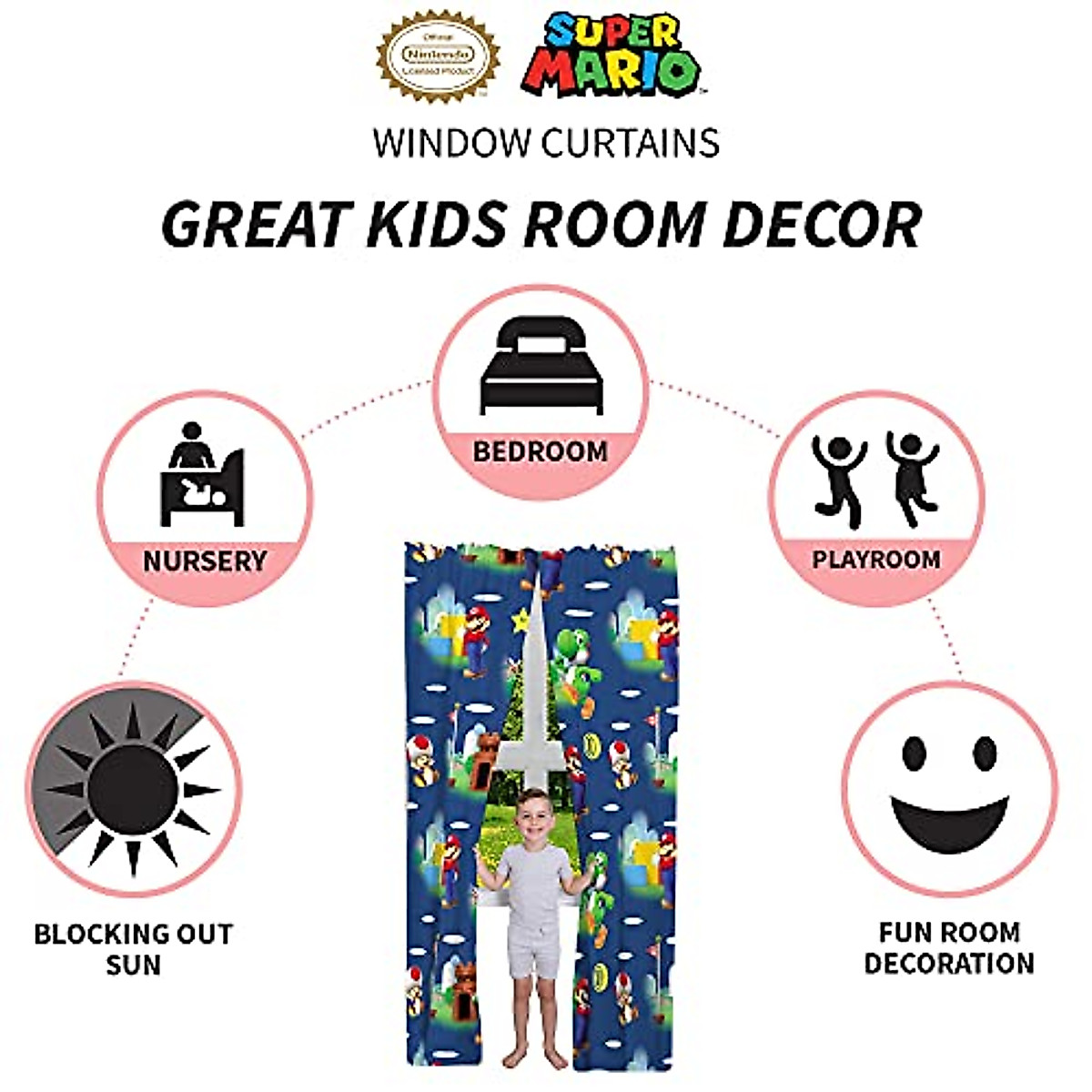 Franco Kids Bedding Super Soft Comforter and Sheet Set with Sham, 5 Piece Twin Size, Mario & Kids Room Window Curtains Drapes Set, 82 in x 84 in, Super Mario