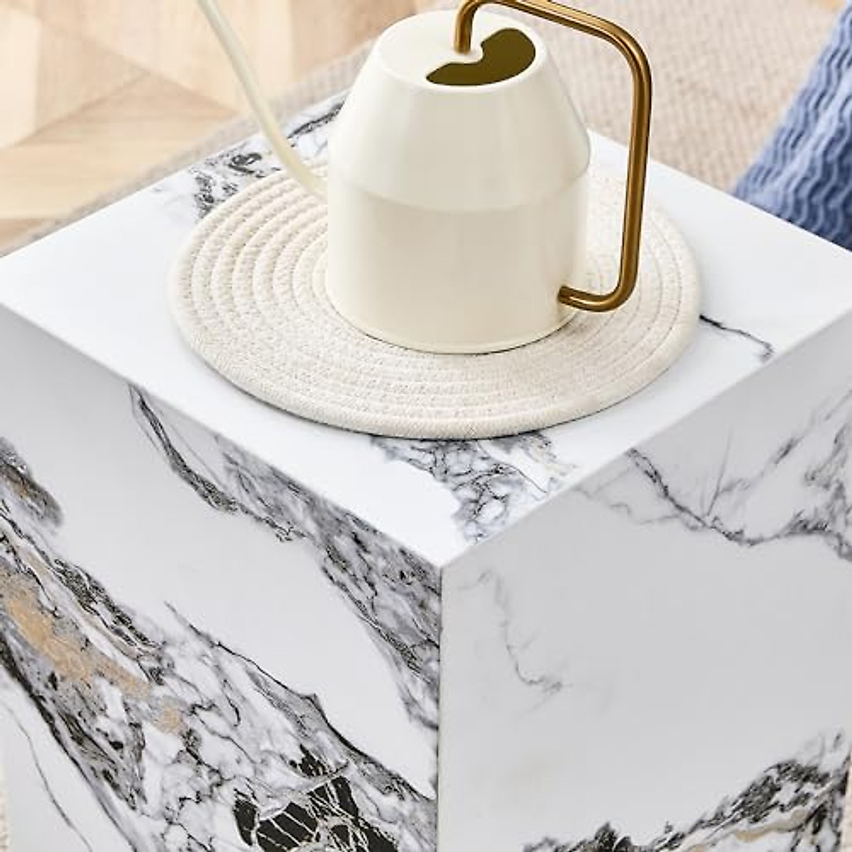 HESIEU Accent Table Side Table with Faux Marble Pattern Modern White Coffee Table Cube Stylish Accent Center Table Cocktail Table Marble Nightstand for Living Room Bedroom Office Dining Room