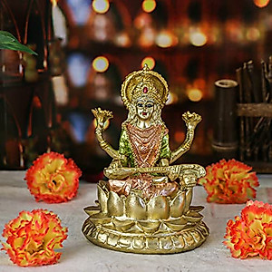Hindu Goddess Saraswati Statue - 4.6" H Indian God Saraswati Idol Lotus Sculpture - Home Temple Indian Pooja Items Car Decor - Housewarming Wedding Return Gifts Diwali Gifts Antique Gold