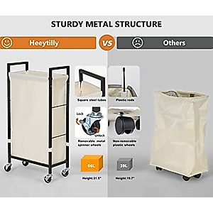 Slim Laundry Hamper with Wheels; 66L Narrow Rolling Laundry Basket with Removable Oxford Liner Bag; Thin Dirty Clothes Hamper with Sturdy Metal Frame; Tall Laundry Basket with Side Pocket (Beige)