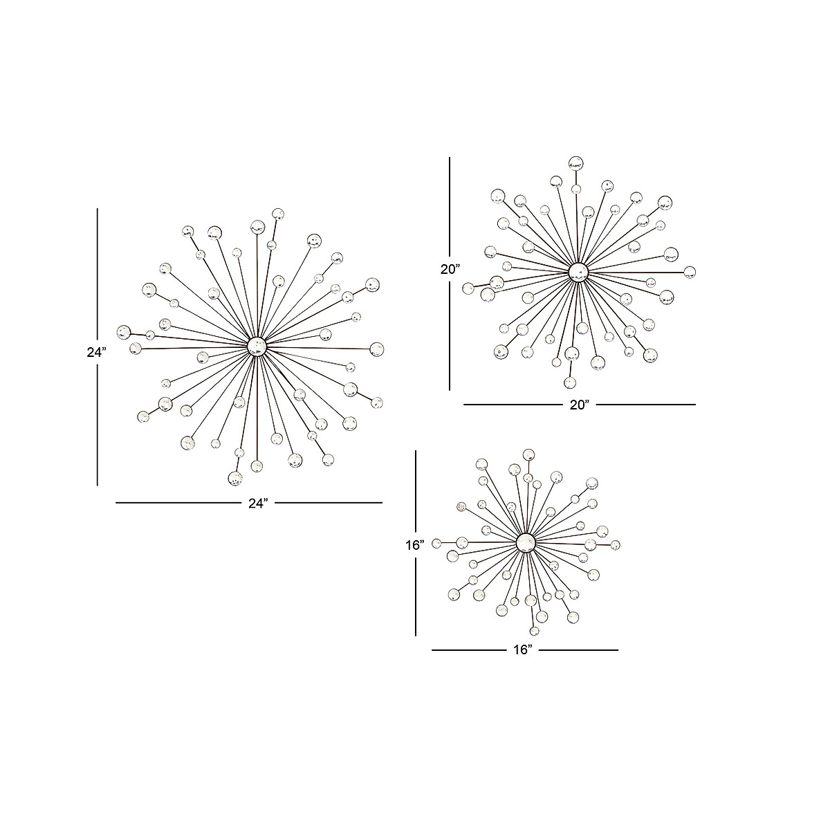 Deco 79 Metal Sunburst Wall Decor with Crystal Embellishment, Set of 3 16", 20", 24"W, Black