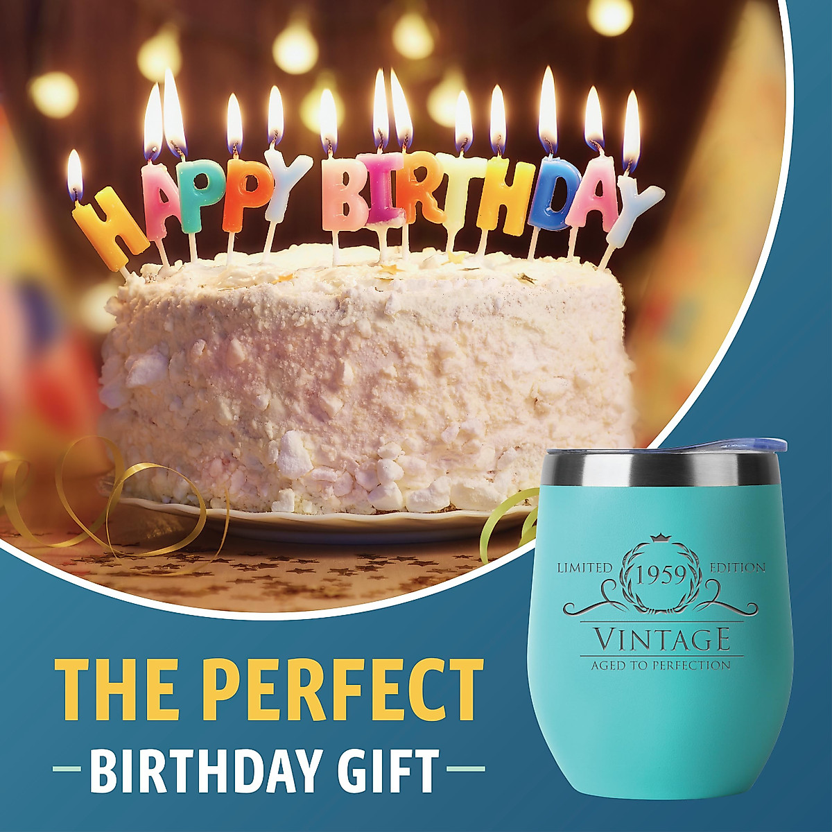 65th Birthday Gifts for Women, Vintage 1959 Stemless Wine Tumblers for Women, 65 Year Old Gifts Ideas, Wife, Mom, Friends, Sister, Turning 65 and Fabulous Birthday Gifts Wine Tumbler, 12oz Mint