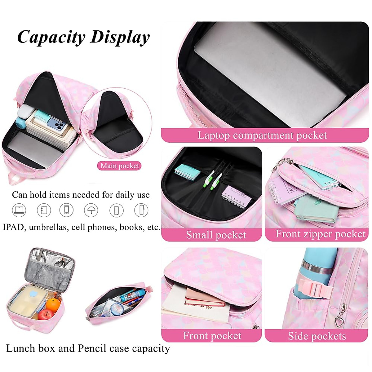 Armbq Mermaid Backpack for Girls 3Pcs Kids Backpack Cute School Bags Set With Lunch Box Fish Scale Teen Water Resistant Bookbag Durable Travel Bag